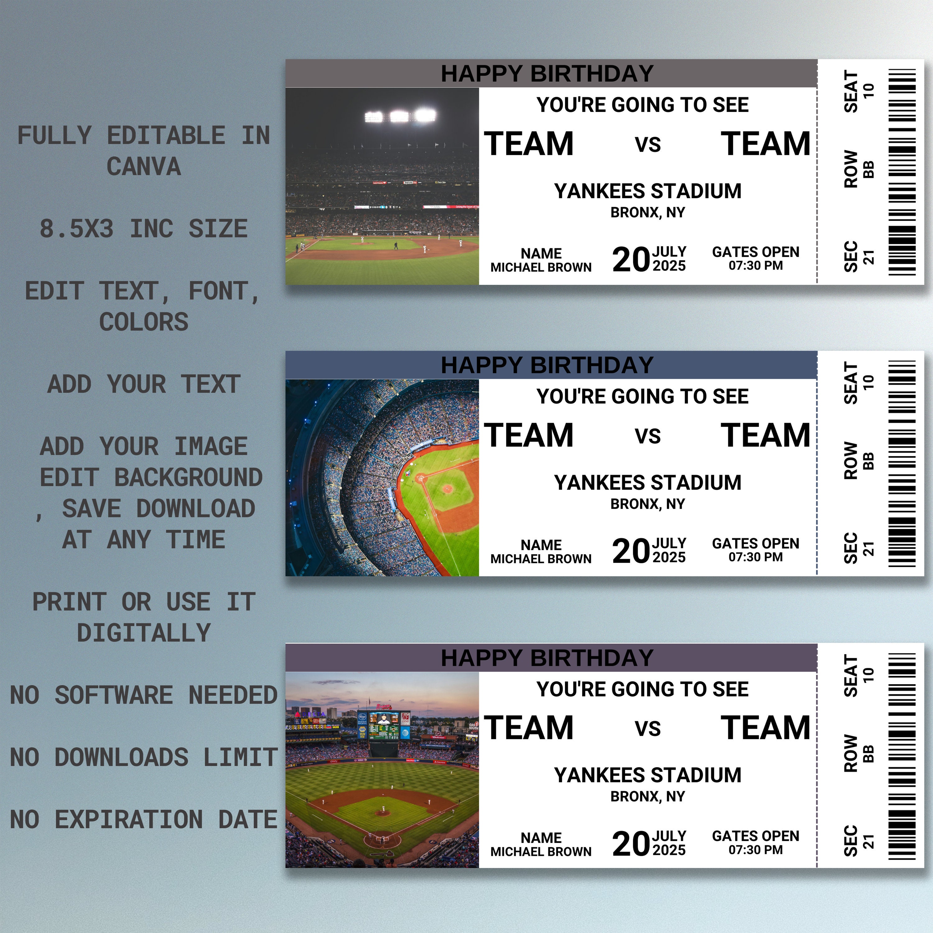 Baseball Game Ticket Editable Baseball Ticket Gift Birthday Baseball ...