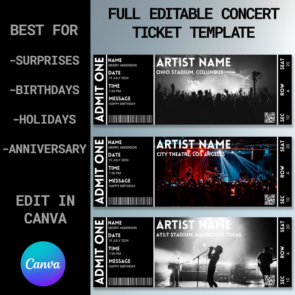 Editable Concert Ticket Template Custom Concert Ticket Personalized ...