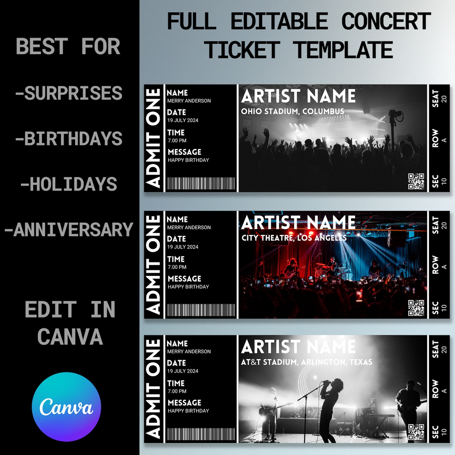 Editable Concert Ticket Template Custom Concert Ticket Personalized Event Ticket Custom Concert ...
