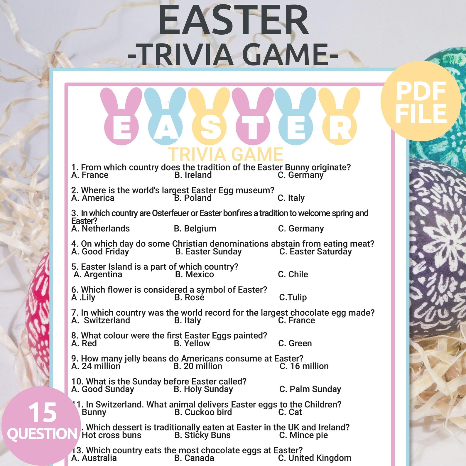 Easter Trivia Game | Printable Easter Party Game | Easter Trivia Party ...