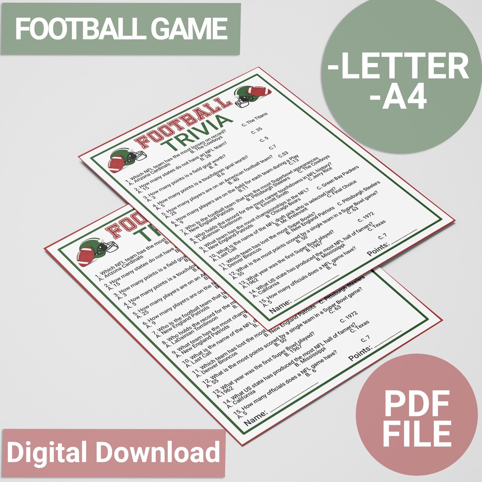 Football Trivia Game | Printable Trivia Questions | Football Party Game ...