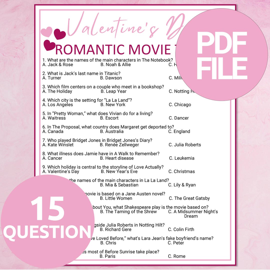 Valentine's Day Romantic Movie Trivia Game | Romantic Movie Quiz ...