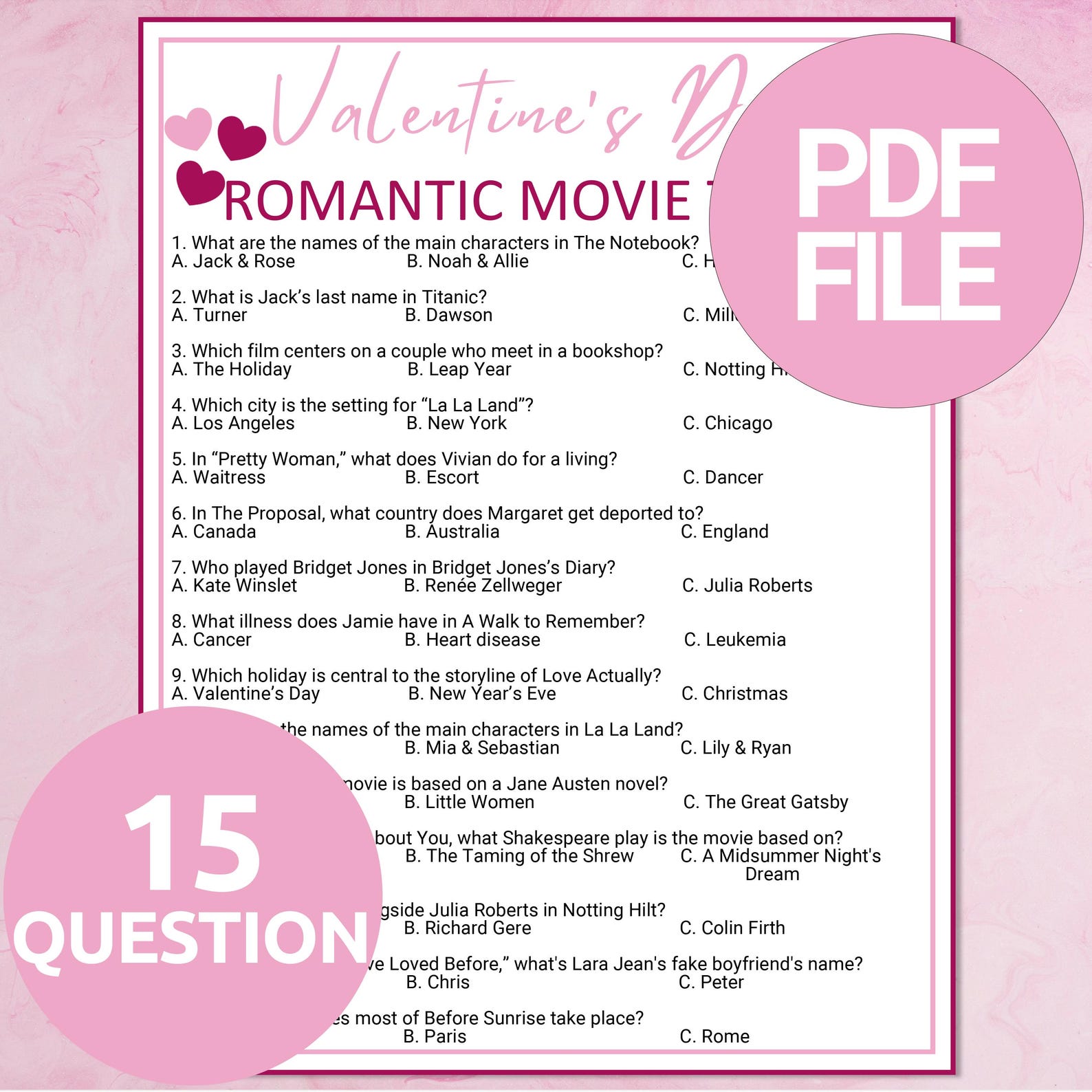 Valentine's Day Romantic Movie Trivia Game | Romantic Movie Quiz ...