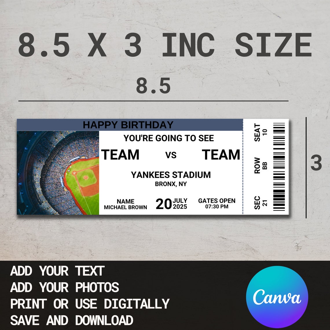 Baseball Game Ticket Editable Baseball Ticket Gift Birthday Baseball ...