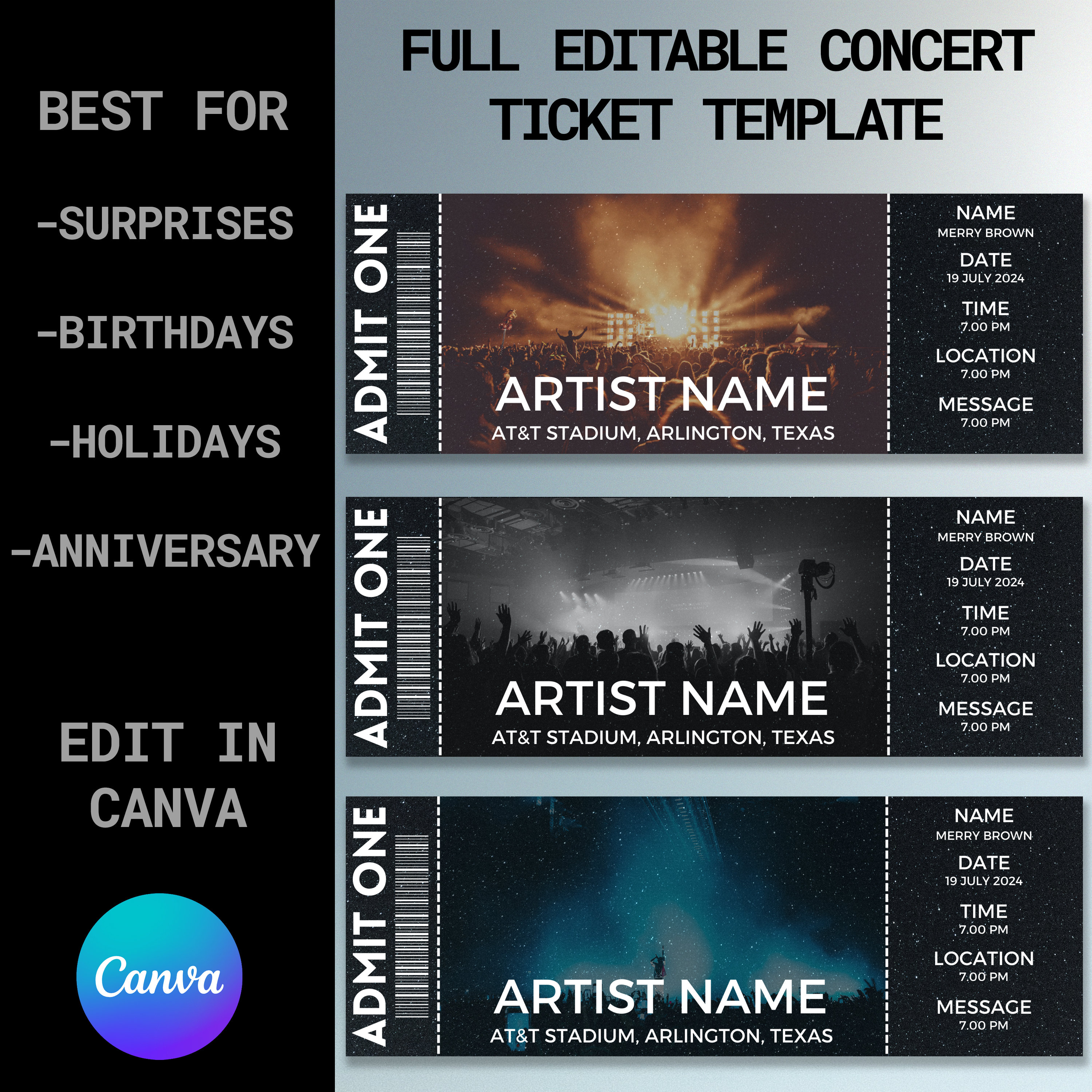 Editable Concert Ticket Template Custom Concert Ticket Personalized ...