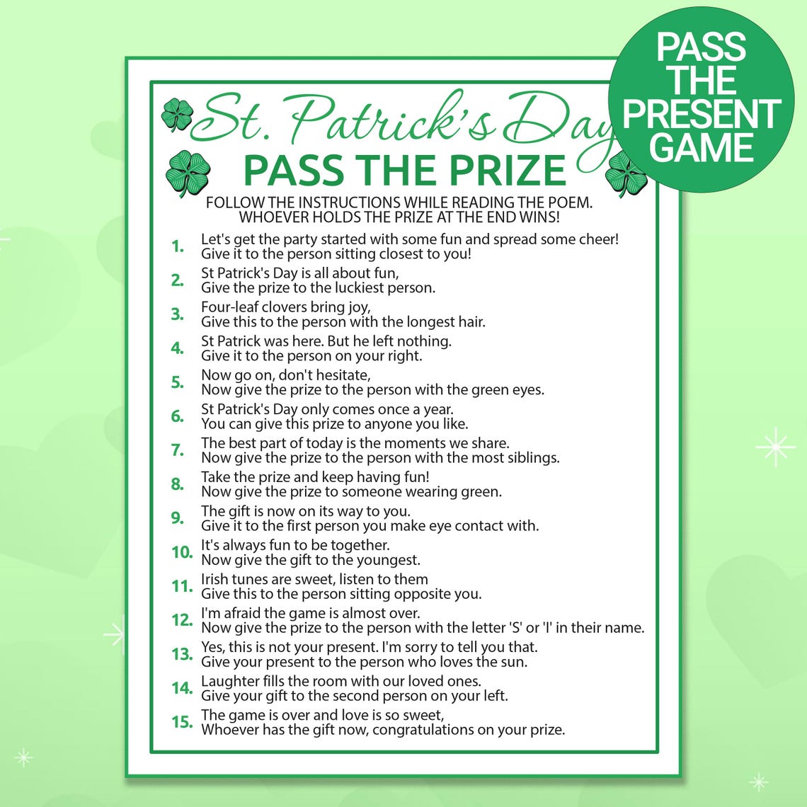 St. Patrick's Pass the Prize Game | St. Patrick Day Games | Printable ...