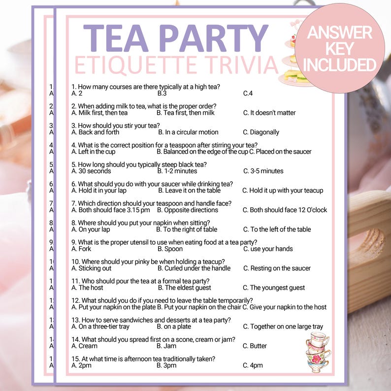 Tea Party Etiquette Trivia Game | Tea Party Etiquette Game | Tea Party ...