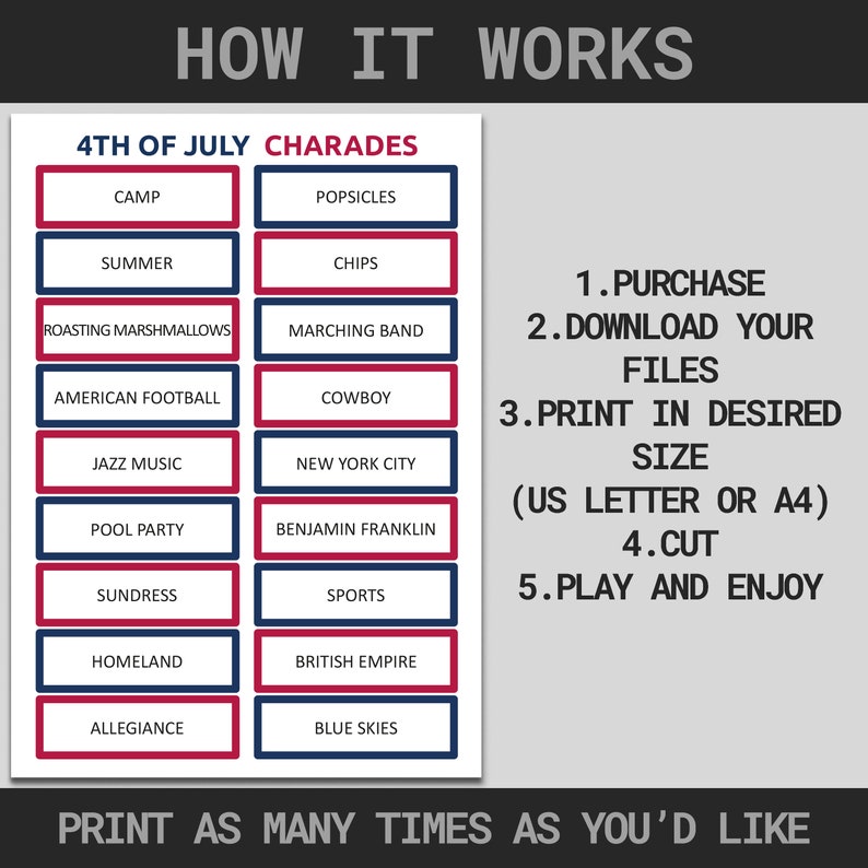 4th of July Charades Game 4th of July Printable Games Independence Day ...