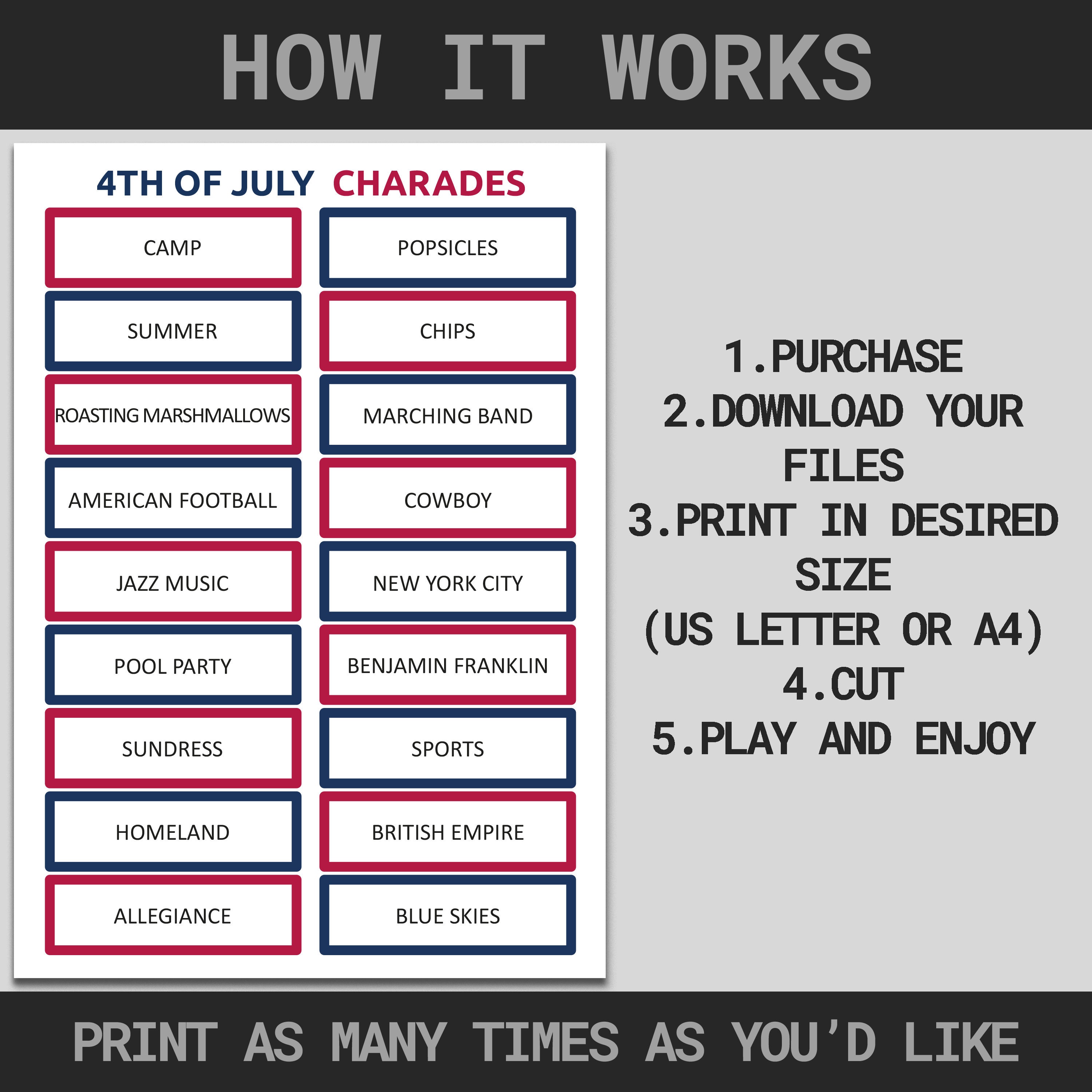 4th of July Charades Game 4th of July Printable Games Independence Day ...