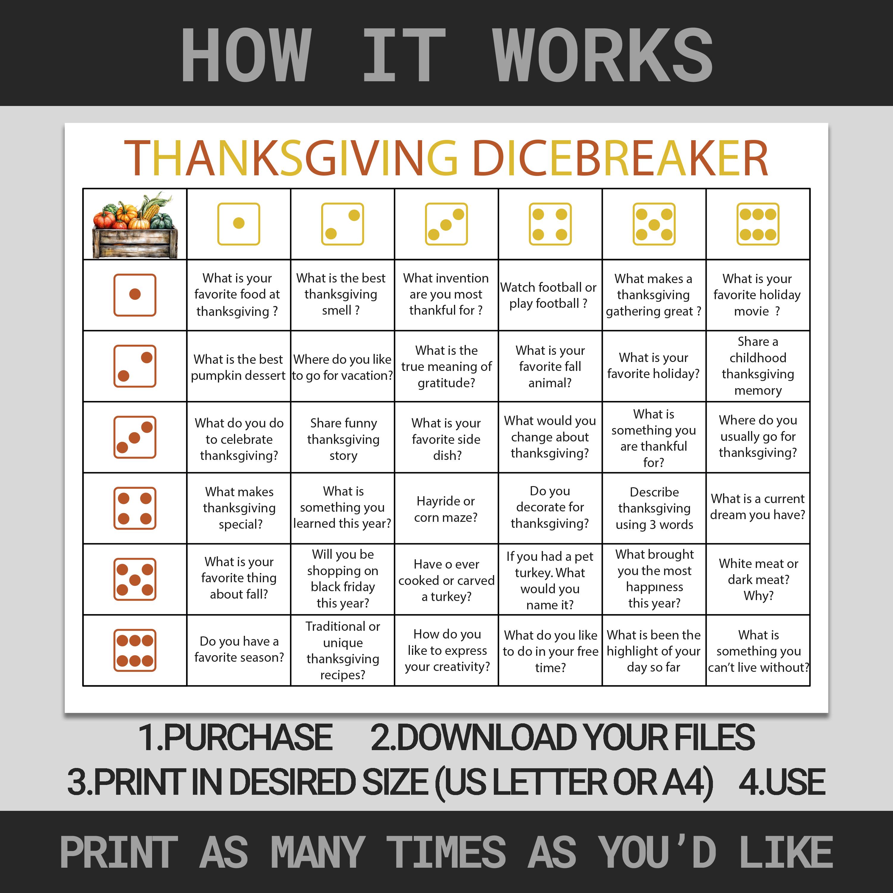 Thanksgiving Table Talk Dice Game | Thanksgiving Table Game ...