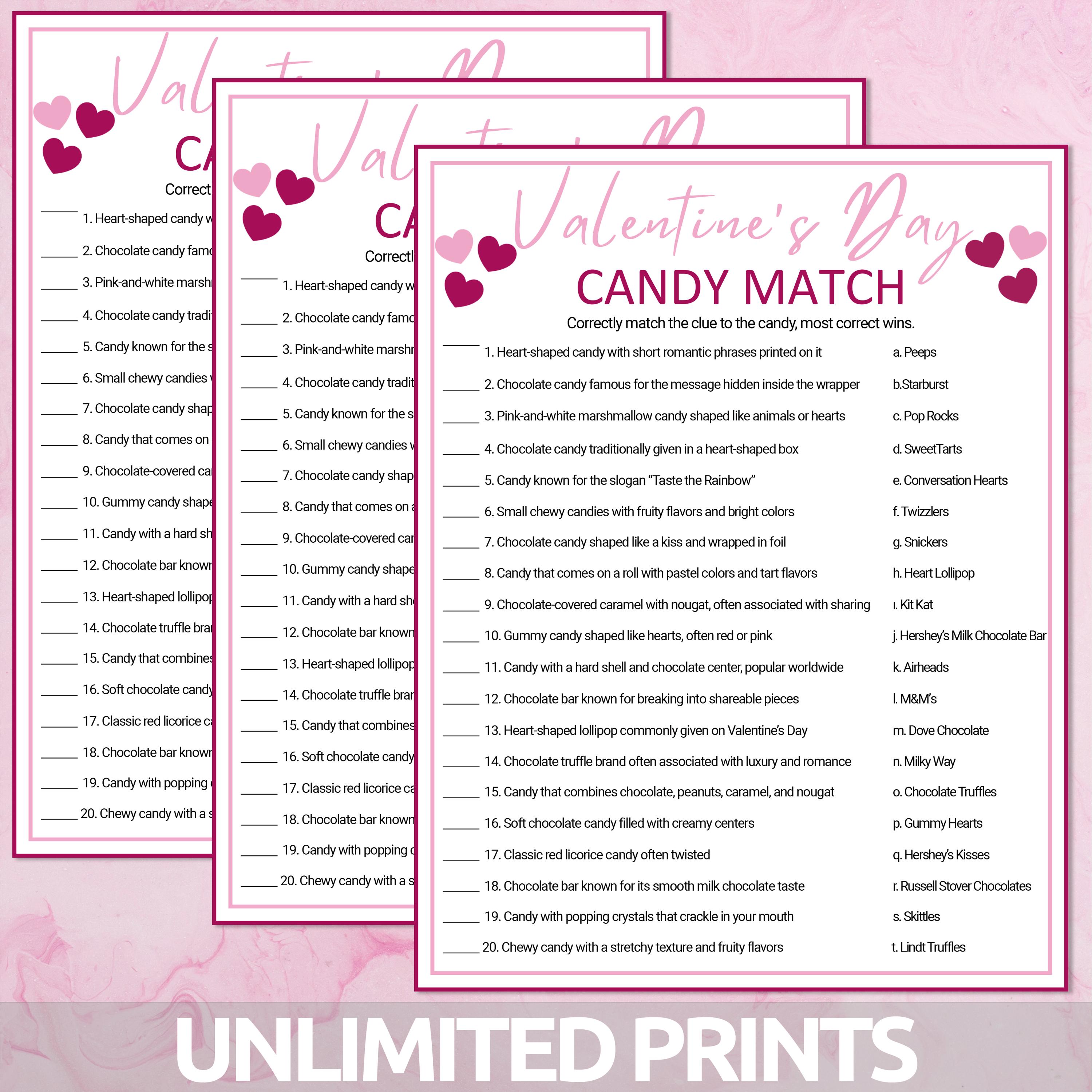 Valentines Candy Match Game | Valentine Day Printable Game | Valentine ...