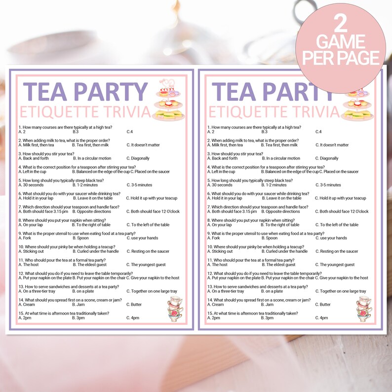 Tea Party Etiquette Trivia Game | Tea Party Etiquette Game | Tea Party ...