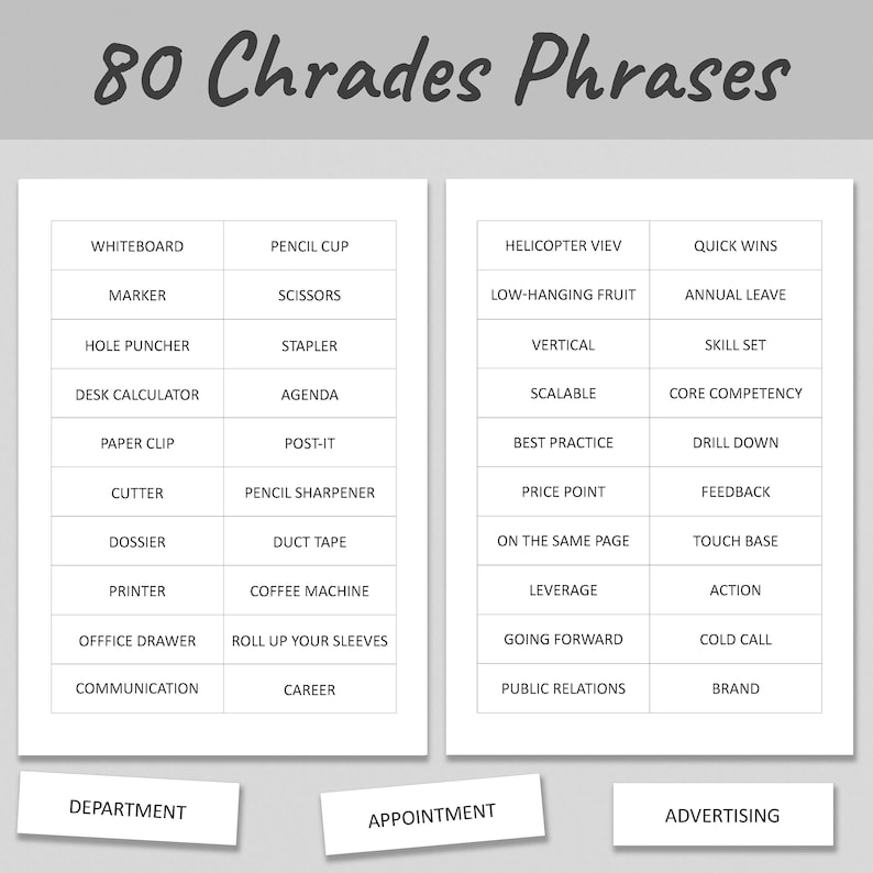Printable Charades Game | Office Action Charades Cards | Work Group Game | Work Team Game for ...