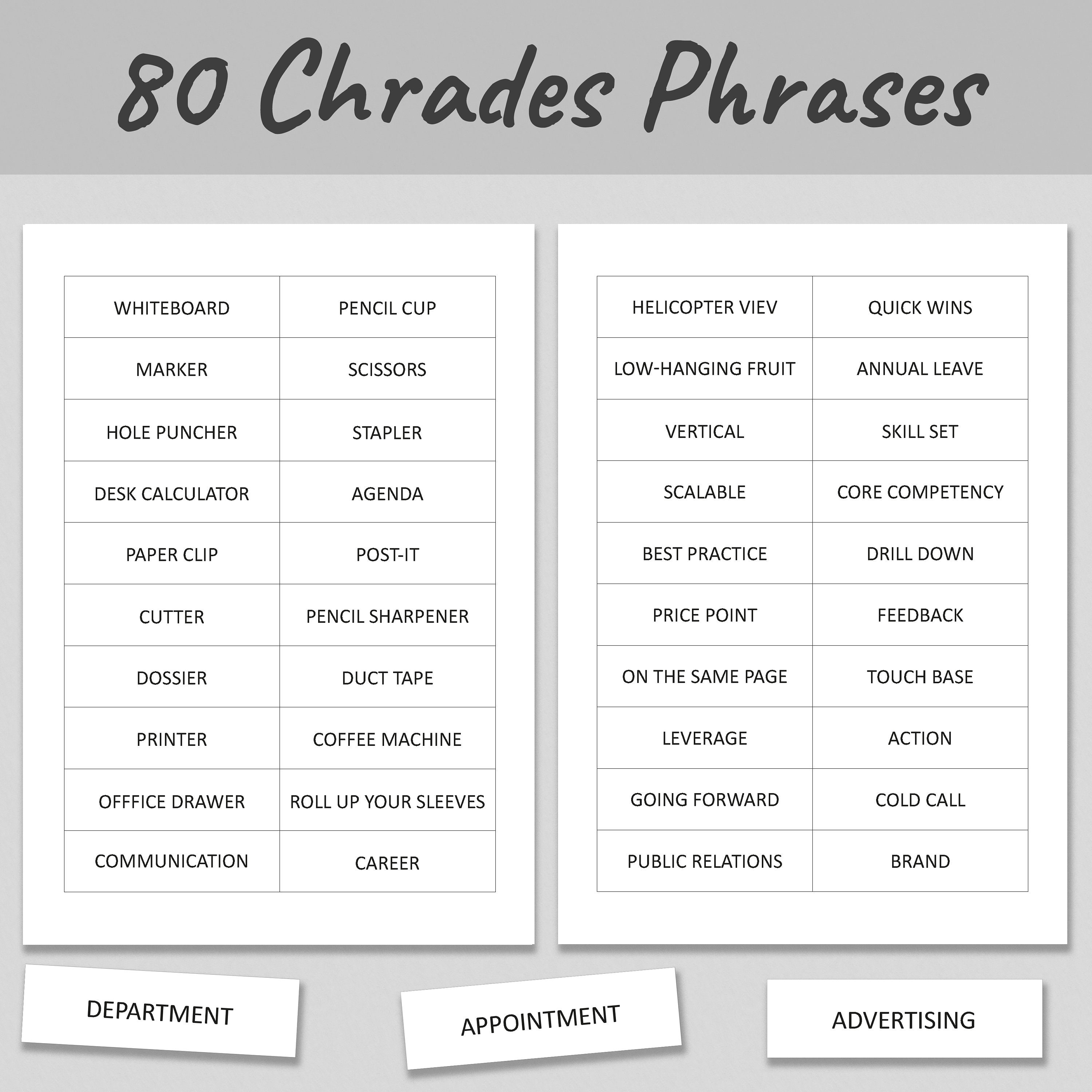 Printable Charades Game | Office Action Charades Cards | Work Group ...