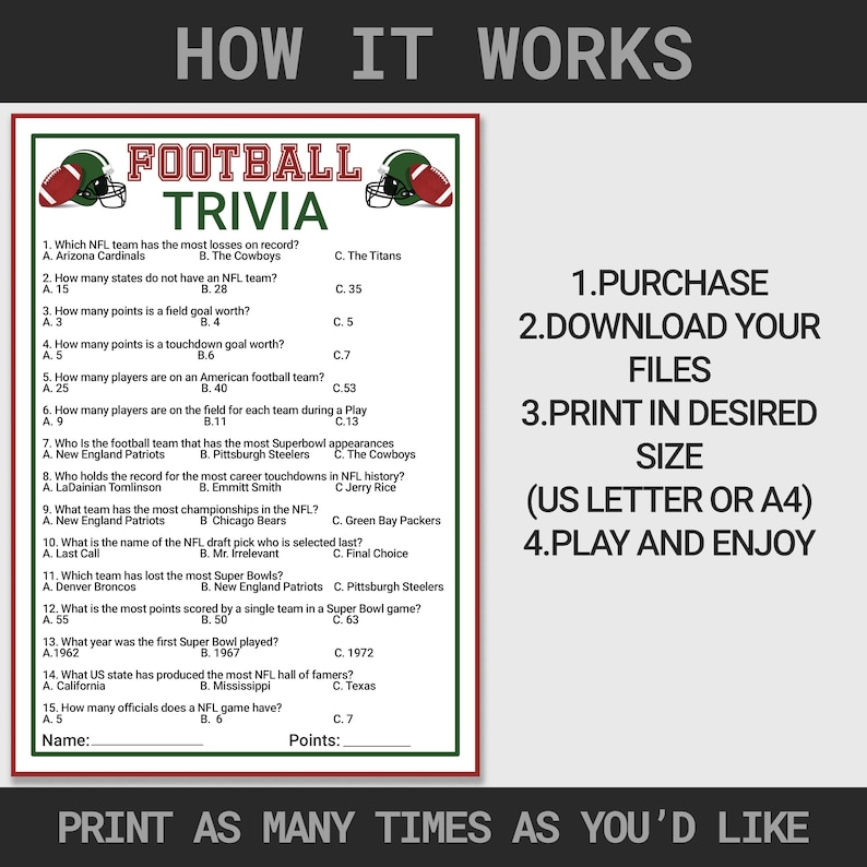 Football Trivia Game | Printable Trivia Questions | Football Party Game ...