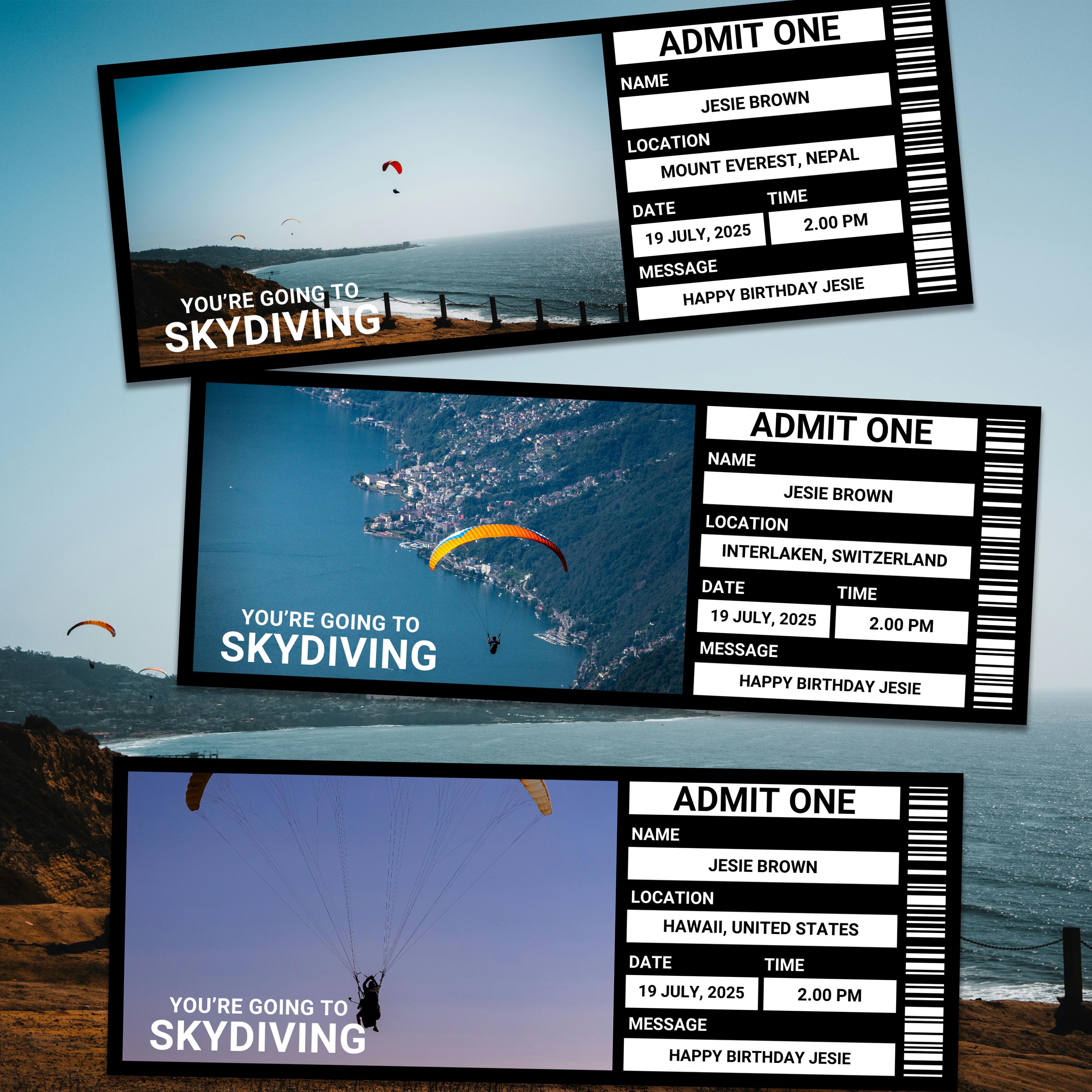 Skydiving Surprise Ticket | Editable Skydiving Surprise Reveal Ticket ...