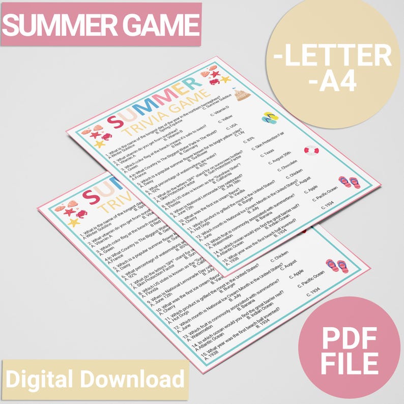 Summer Trivia Game | Summer Party Game | Printable Summer Game | Summer ...