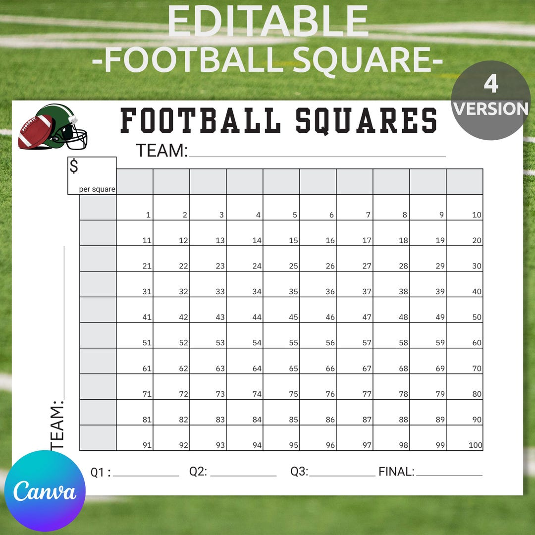 Editable Football Square Template | Football Betting Game | Football ...