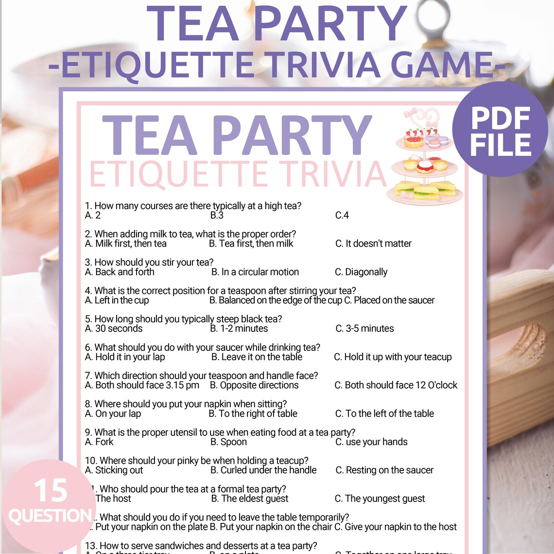 Tea Party Etiquette Trivia Game | Tea Party Etiquette Game | Tea Party ...