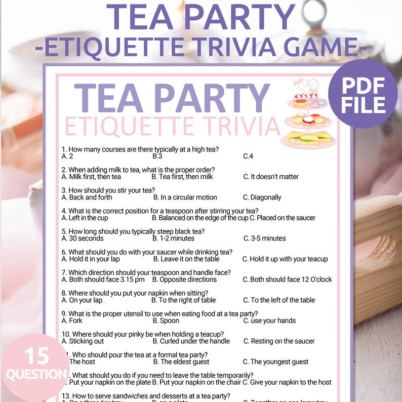 Tea Party Etiquette Trivia Game | Tea Party Etiquette Game | Tea Party ...