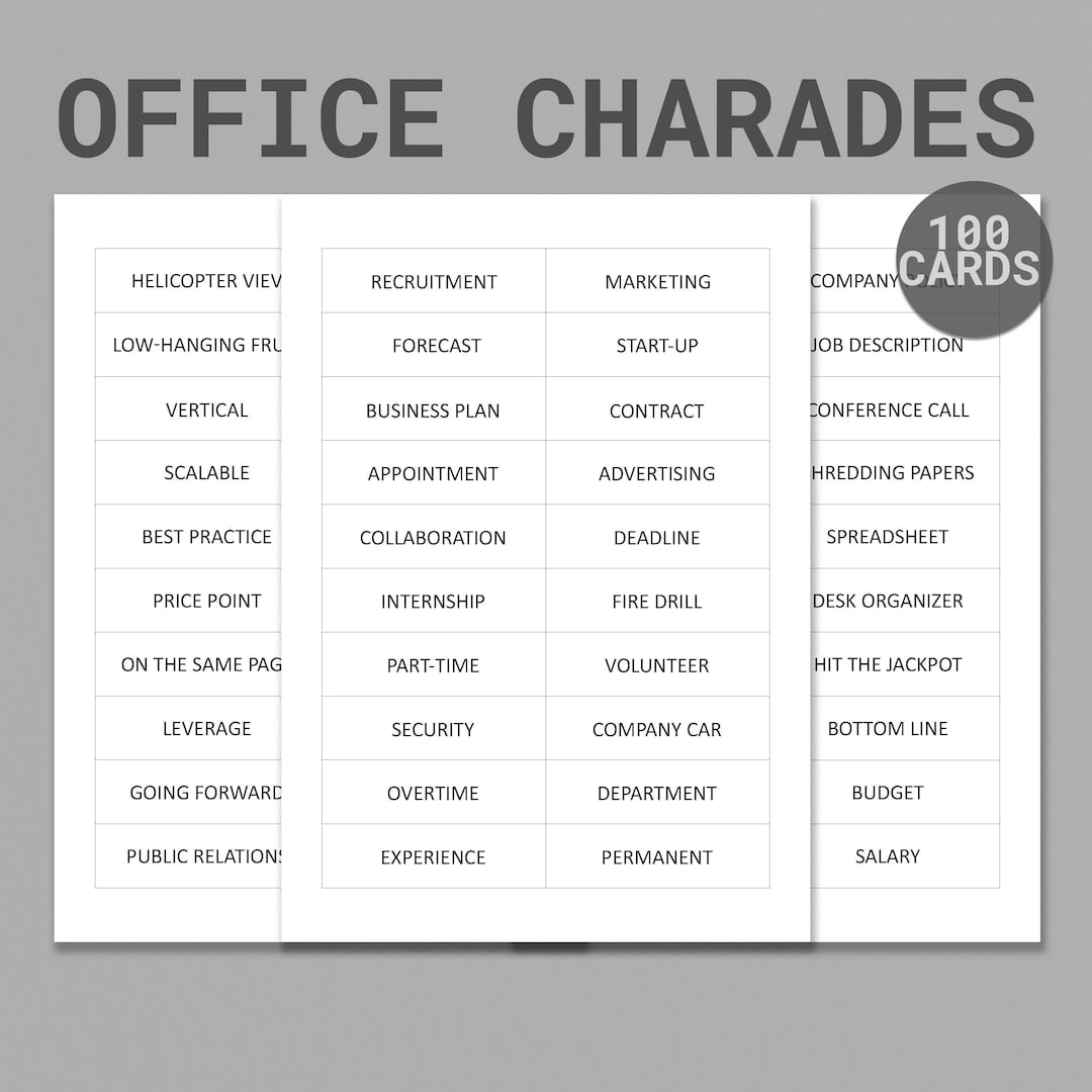 Printable Charades Game Office Action Charades Cards Work Group Game ...
