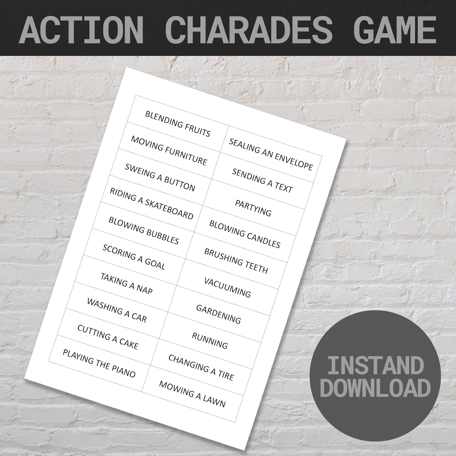 Printable Charades Game Family Charades Game Printable Charades for ...