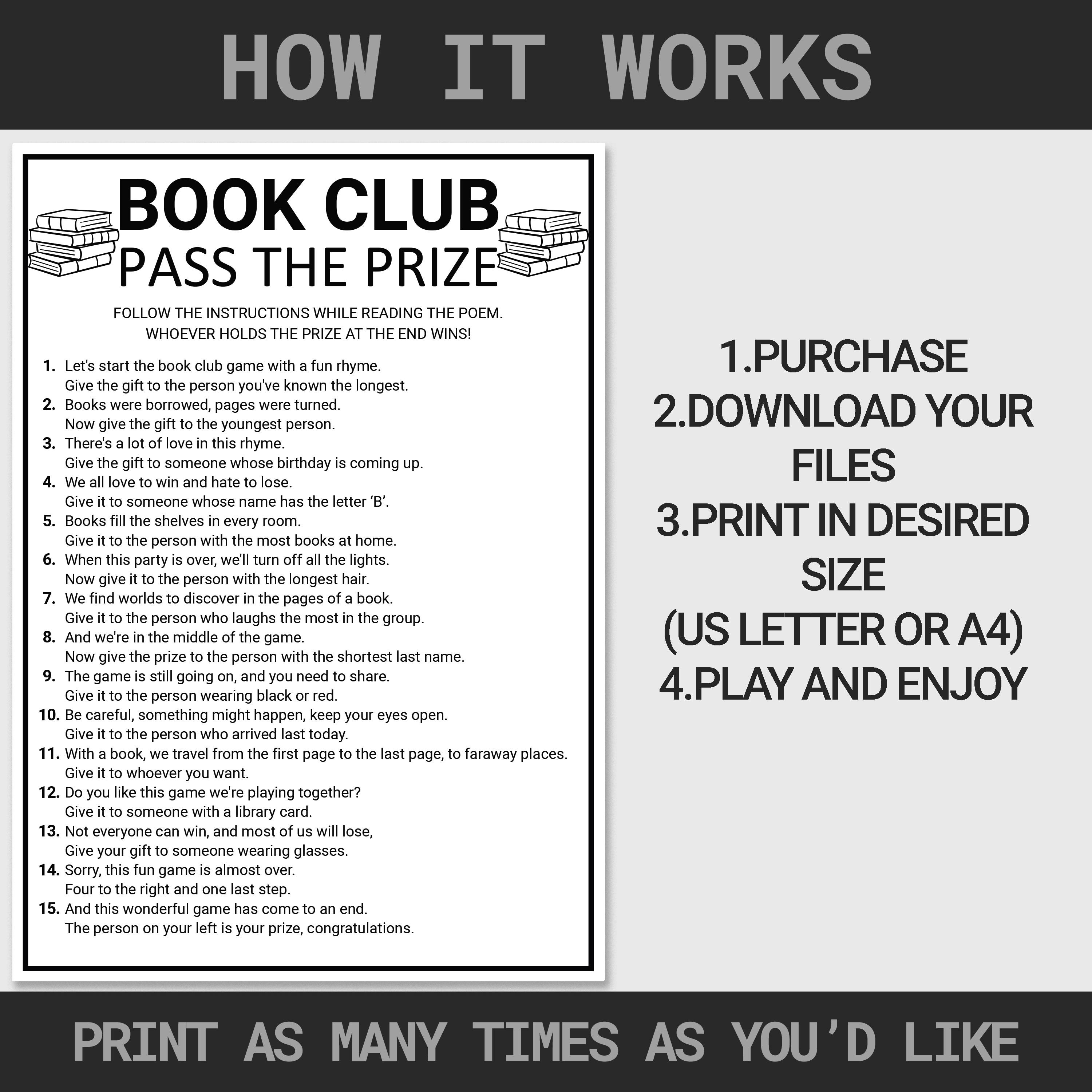 Book Club Pass the Prize Game | Book Club Pass the Gift Game ...