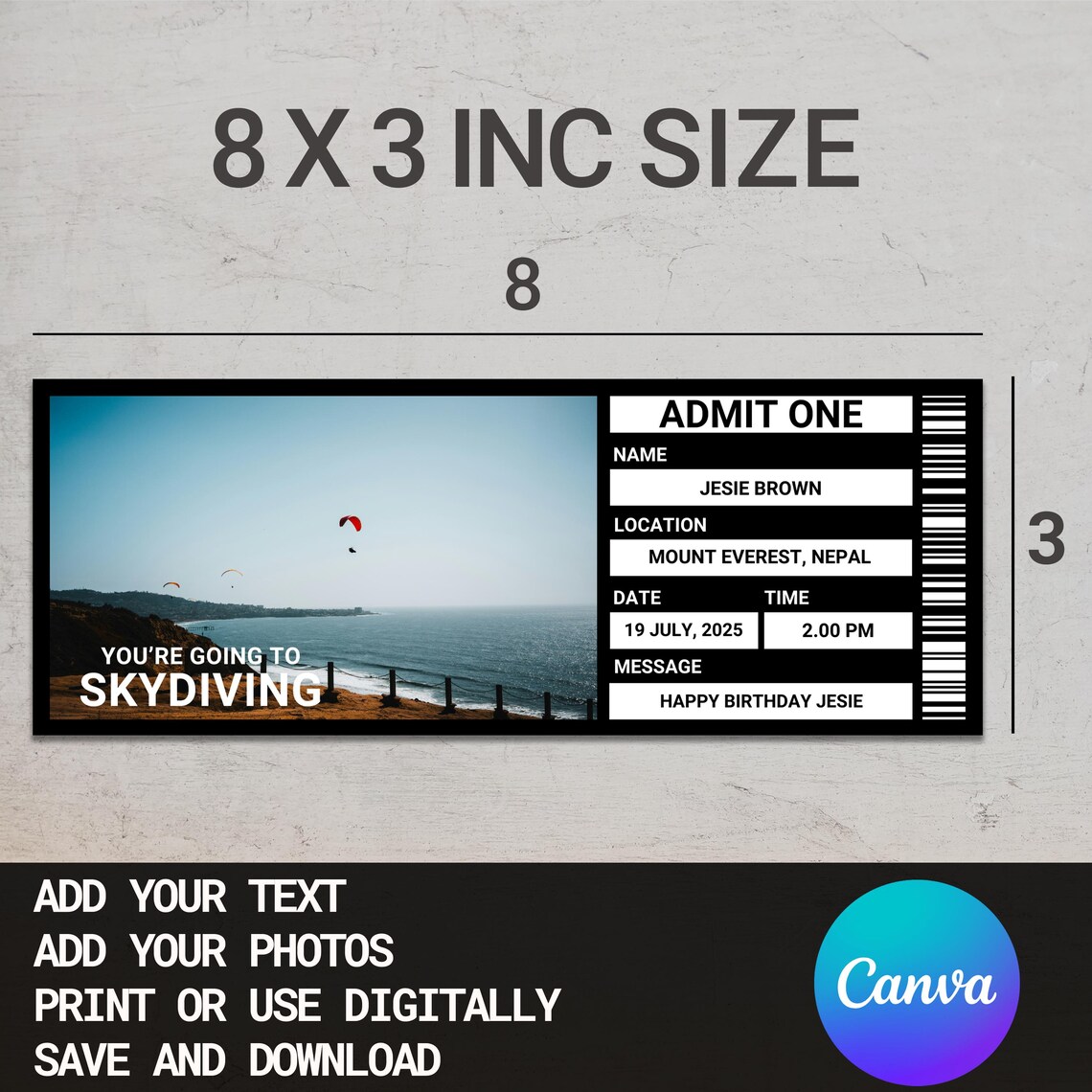 Skydiving Surprise Ticket | Editable Skydiving Surprise Reveal Ticket ...