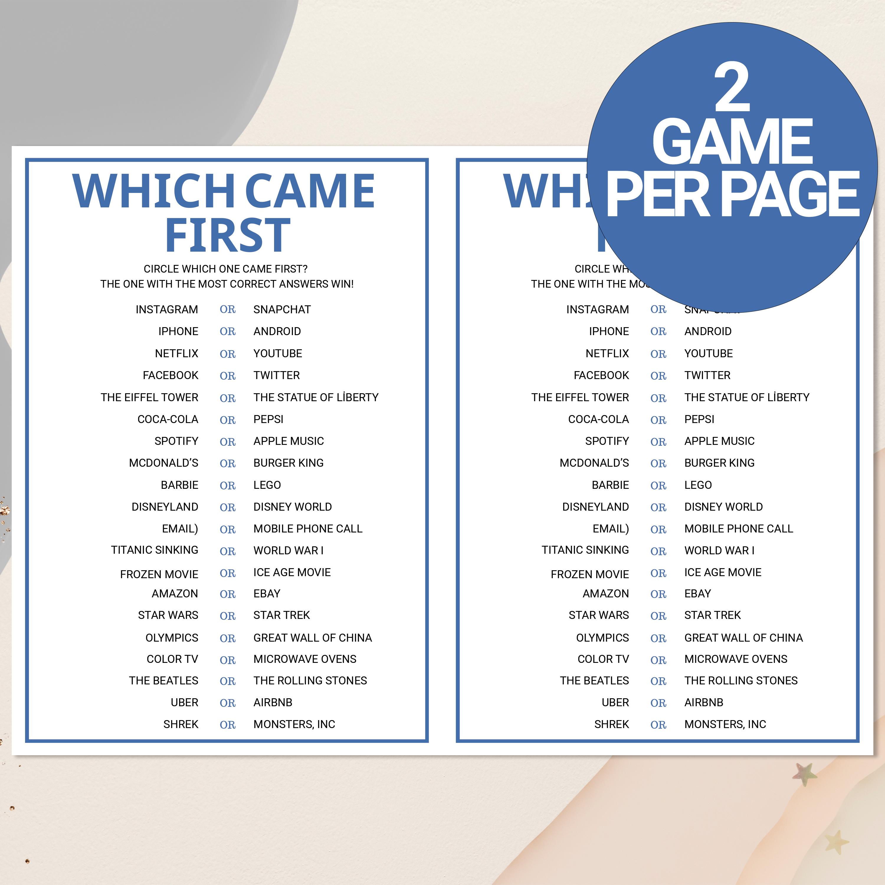 Which Came First Trivia Game | Printable Trivia Game Quiz | Guess Which ...