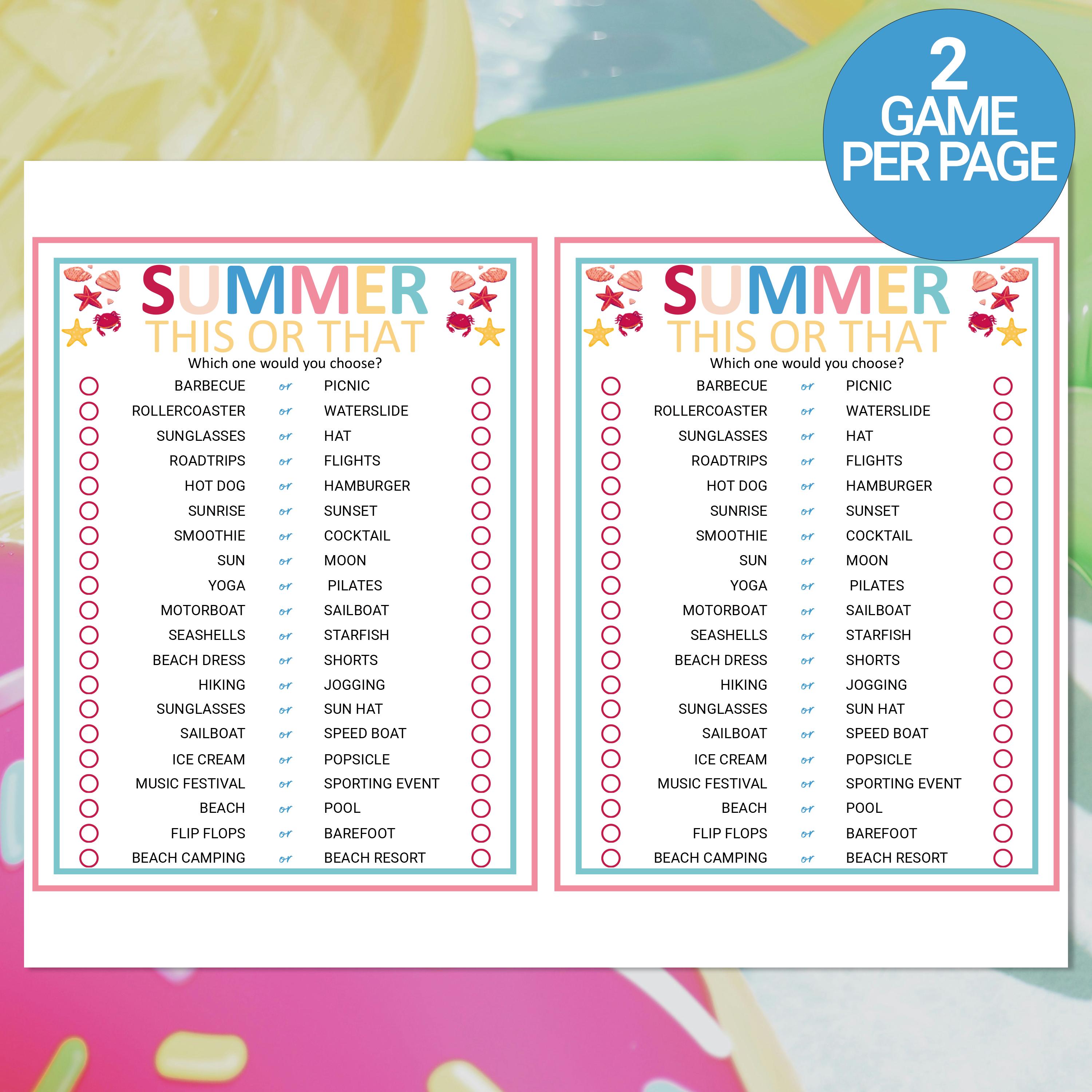 Summer This or That Game | Summer Games | Summer Activities | Printable ...
