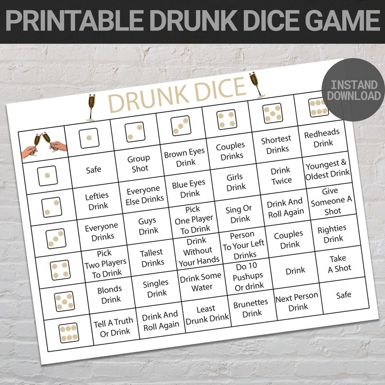 Printable Drunk Dice Game | Drinking Game for Adults | Drinking Dice ...