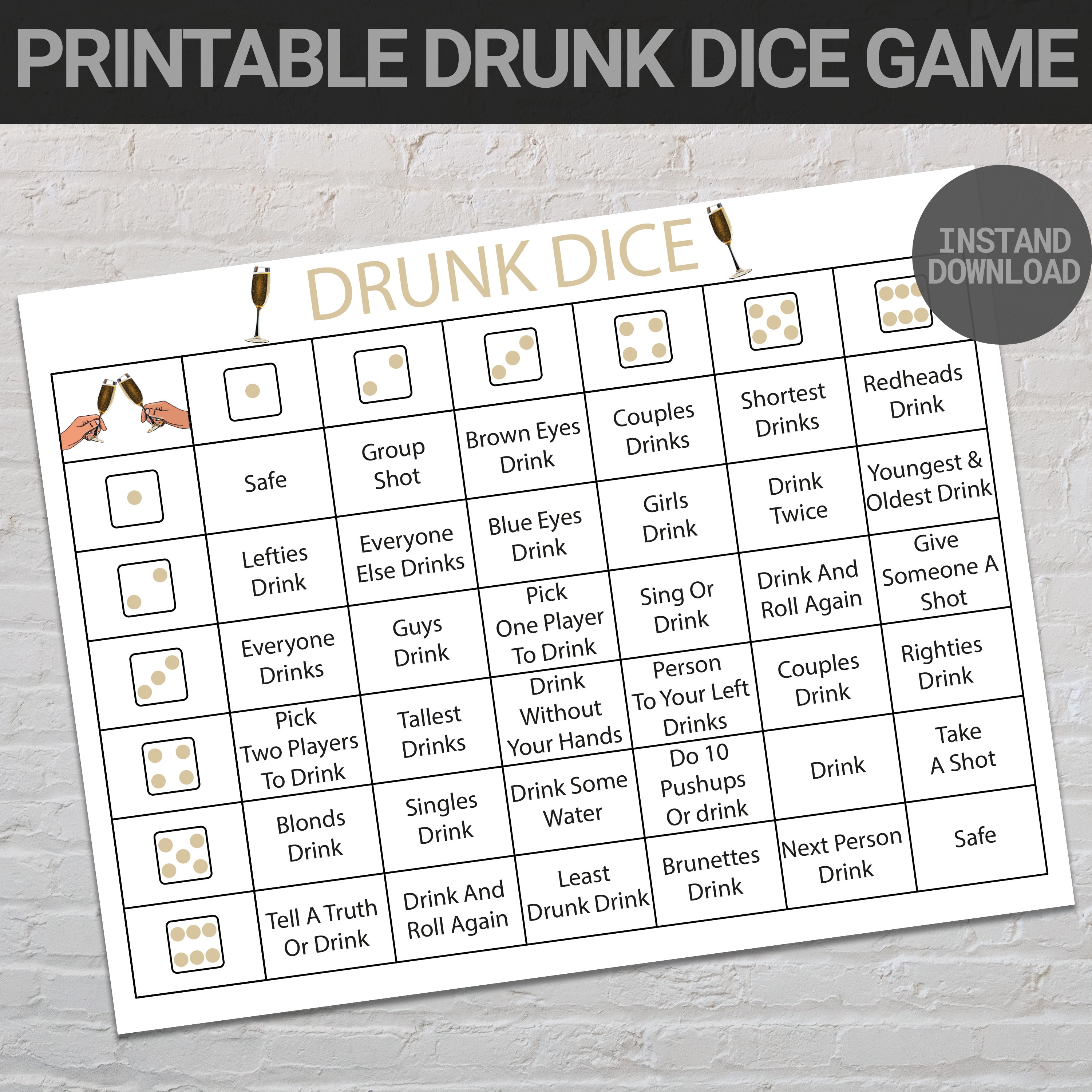 Printable Drunk Dice Game | Drinking Game for Adults | Drinking Dice ...