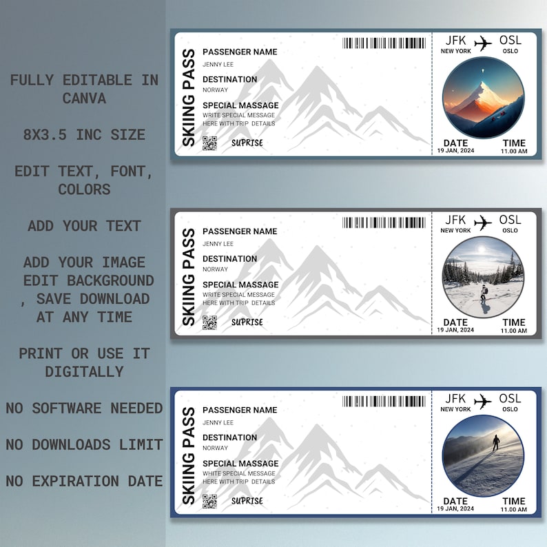 Editable Skiing Pass Ticket Template | Skiing Pass Ticket | Printable ...