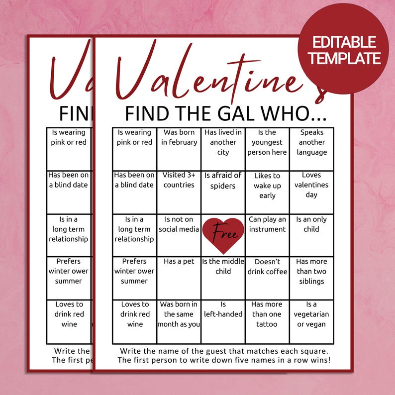 Valentines Day Find the Guest Bingo Game | Valentine's Get to Know You ...