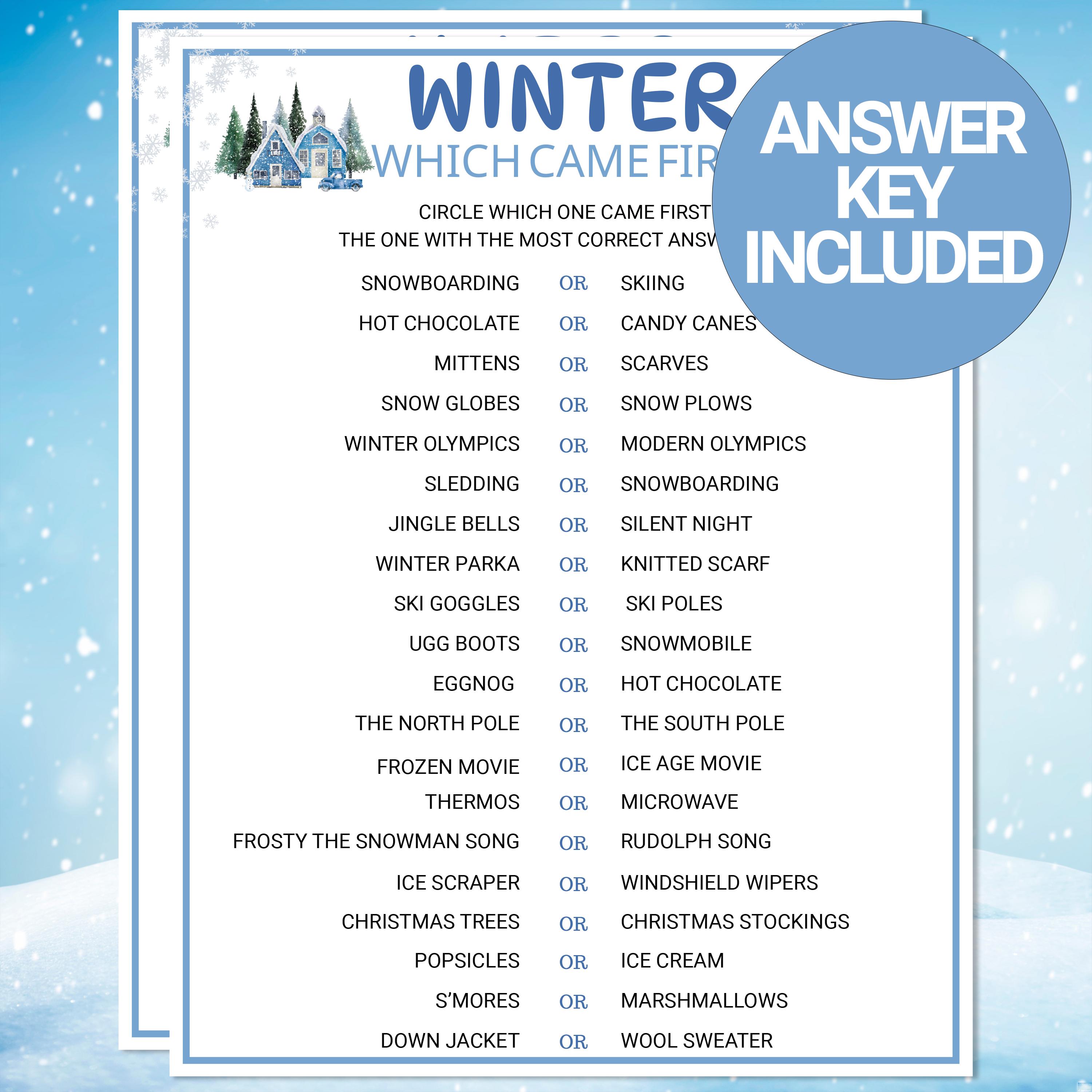 Winter Which Came First Game | Printable Winter Trivia Game | Family ...