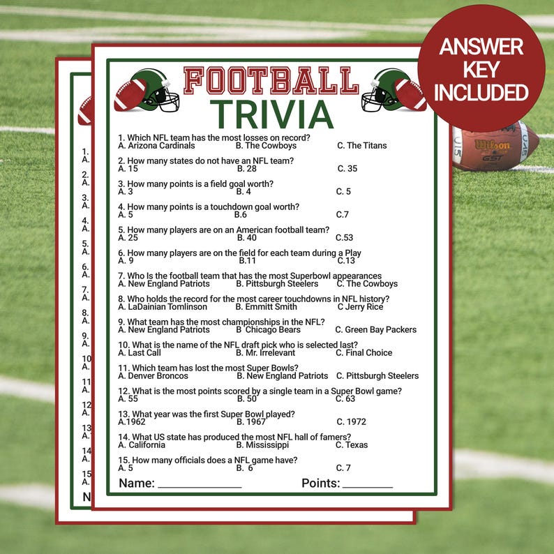 Football Trivia Game | Printable Trivia Questions | Football Party Game ...