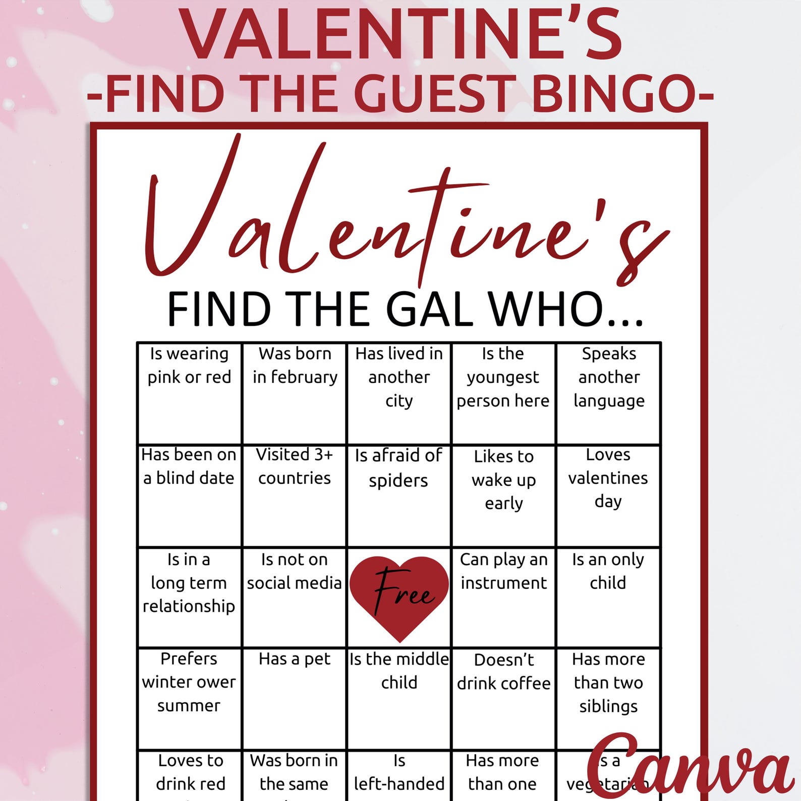 Valentines Day Find the Guest Bingo Game | Valentine's Get to Know You ...
