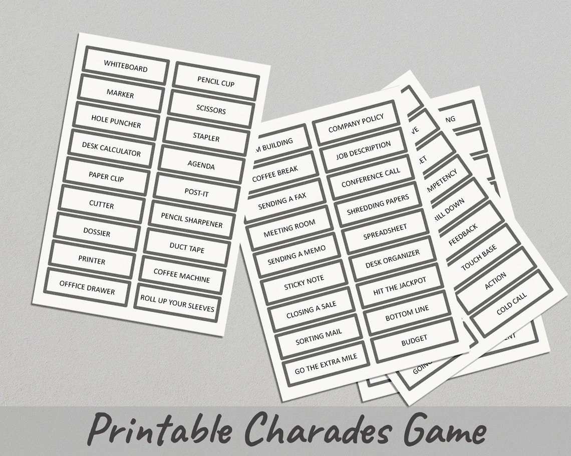 Printable Charades Game | Office Action Charades Cards | Work Group ...