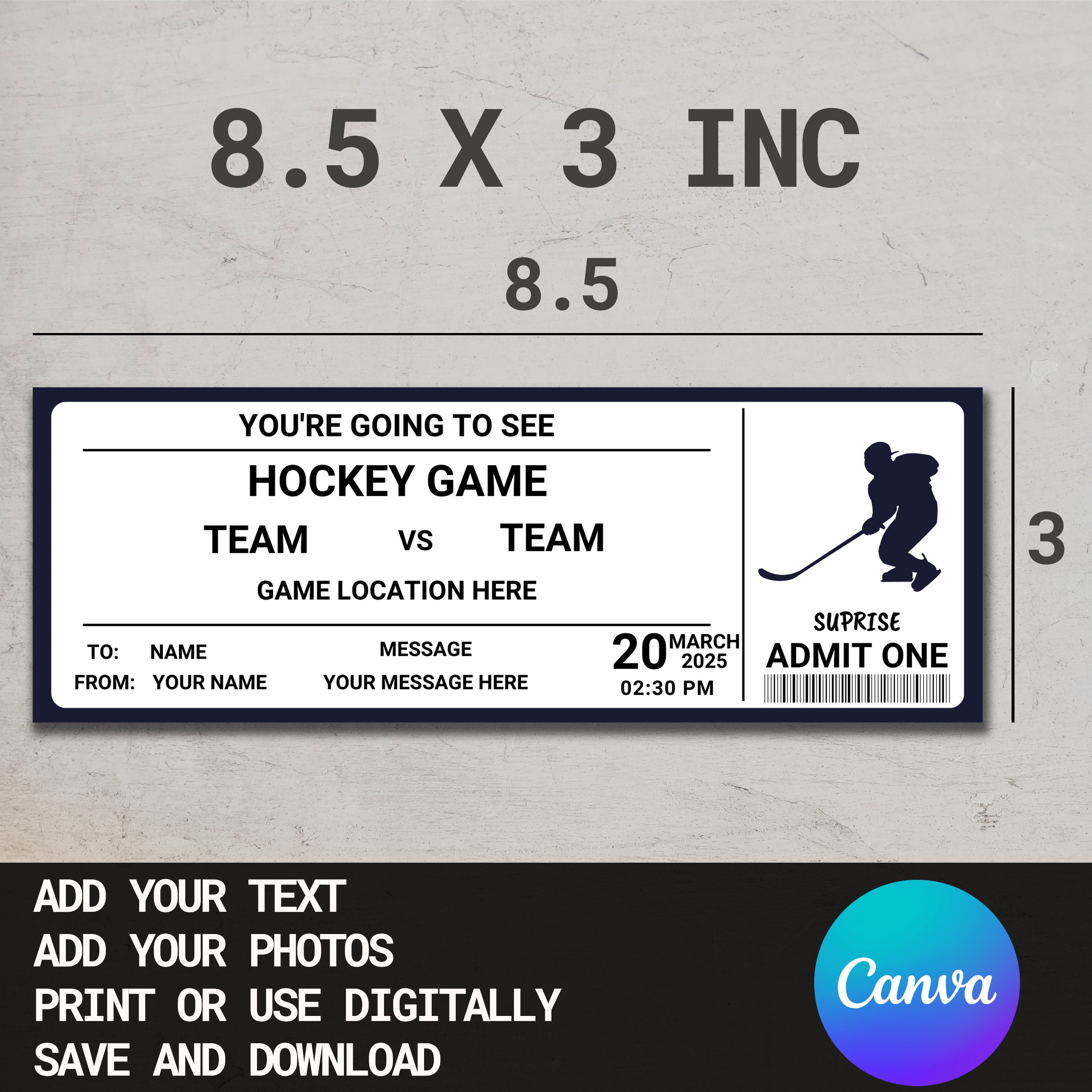 Custom Hockey Ticket | Hockey Ticket Template Printable | Editable ...