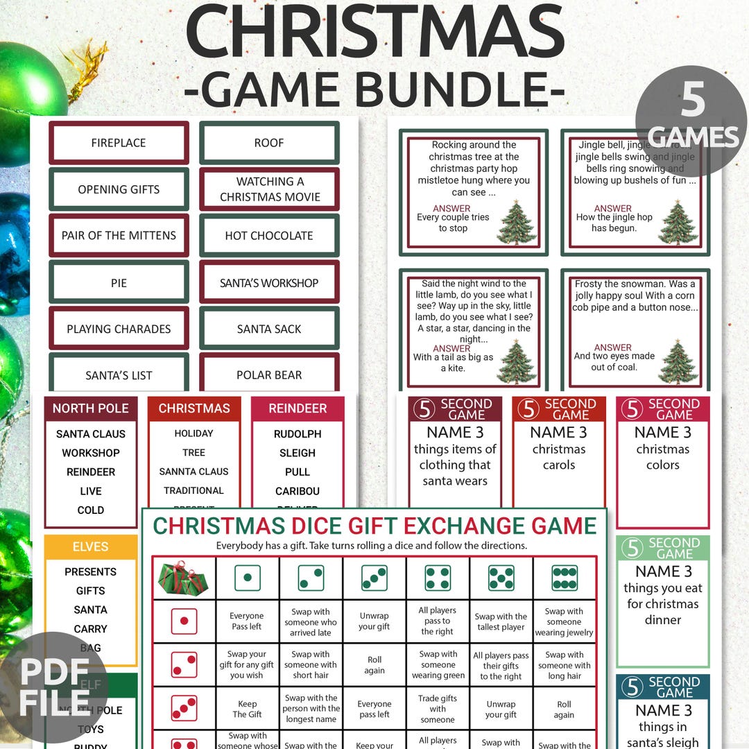 Printable Christmas Game Bundle | 5 Christmas Party Games | Fun ...
