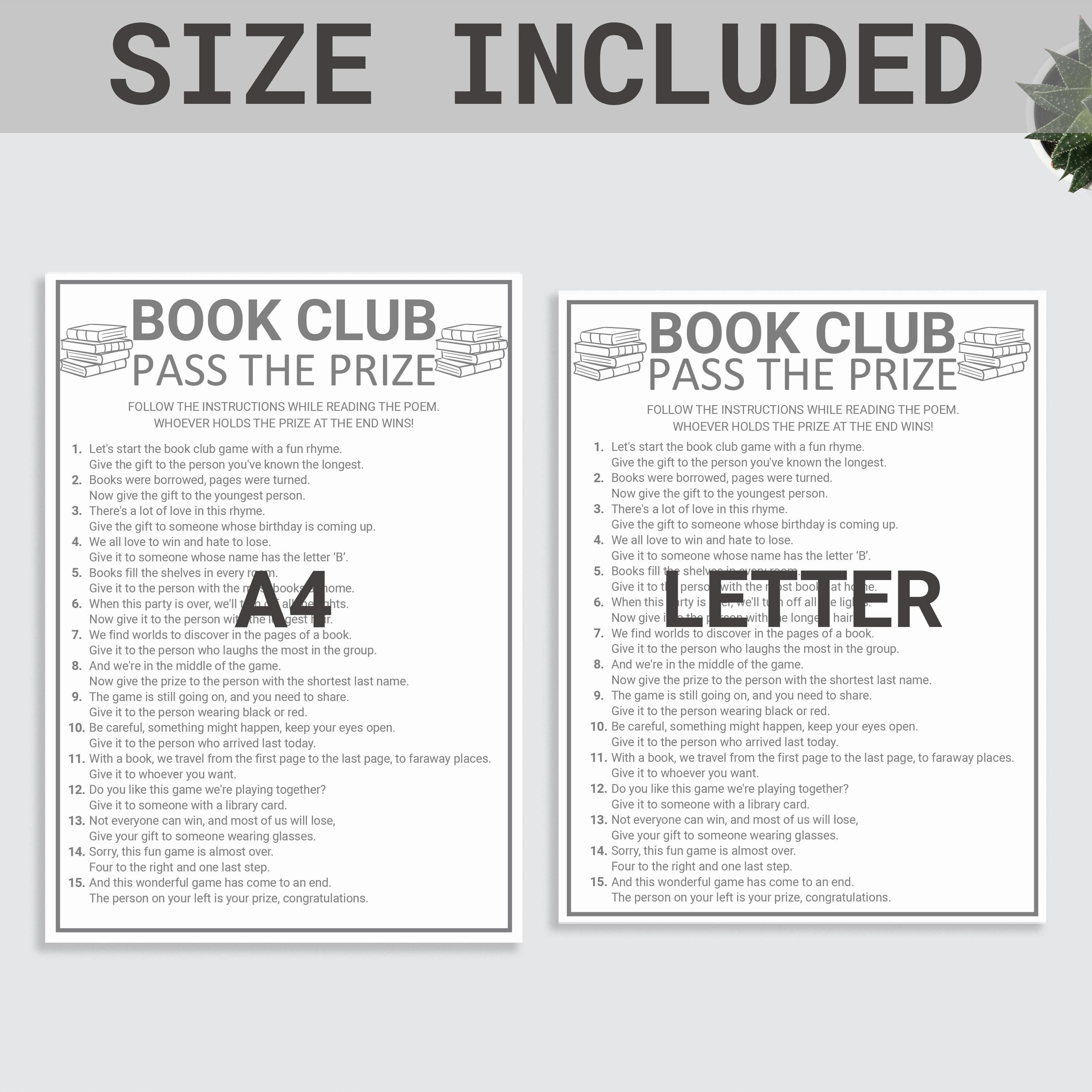 Book Club Pass the Prize Game | Book Club Pass the Gift Game ...