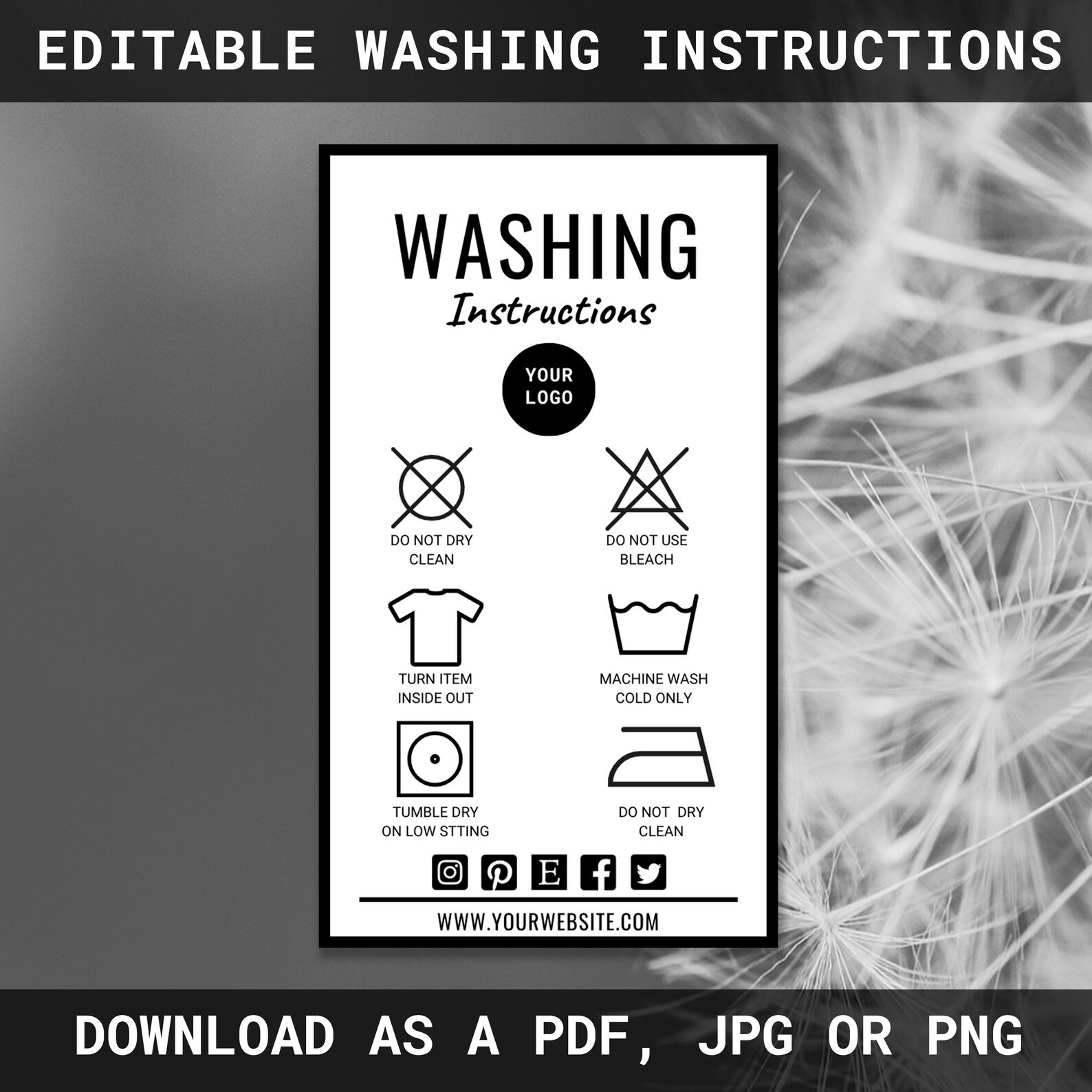 Editable Washing Instructions Card Template Printable Clothing Care ...