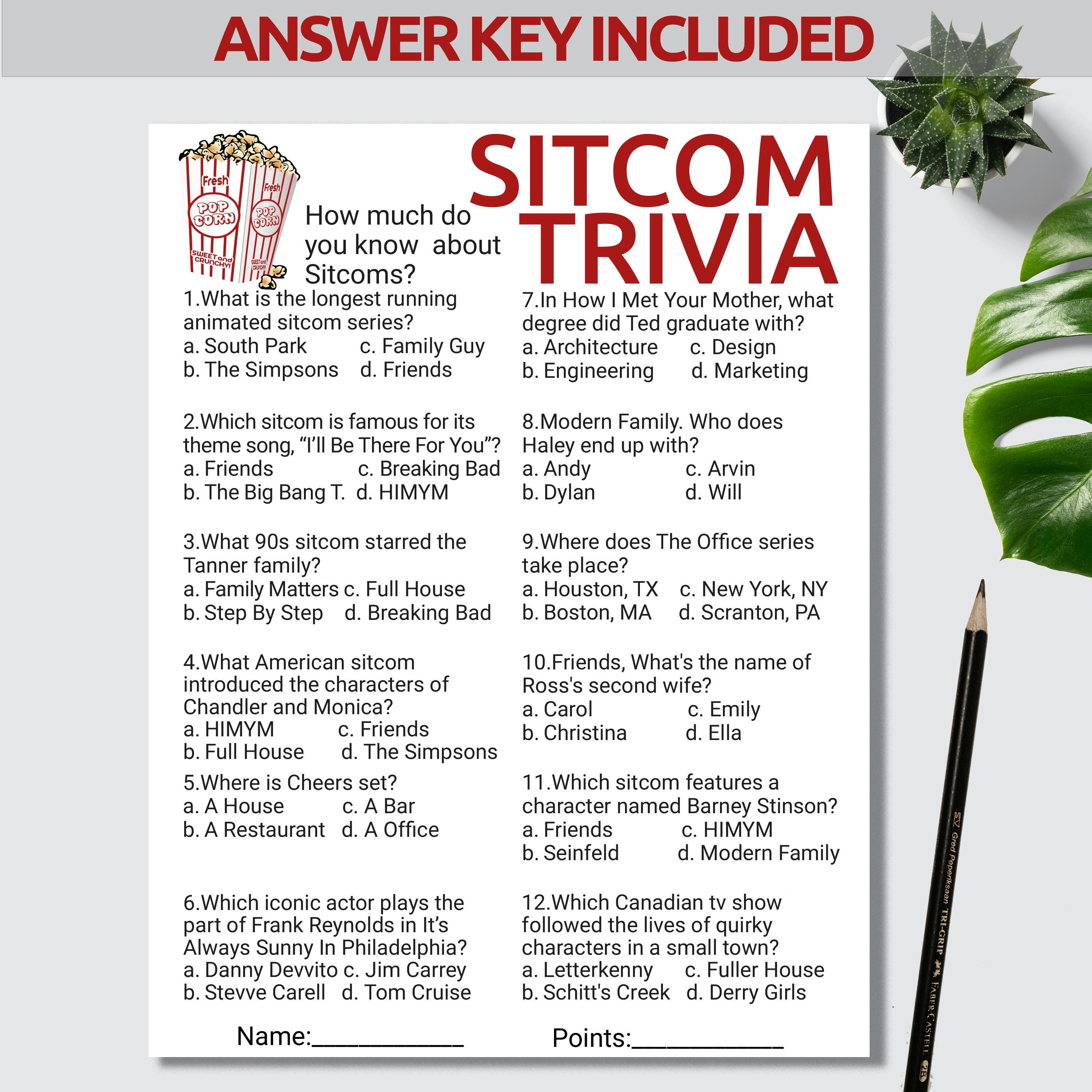 TV Sitcom Trivia Game | Printable Sitcom Trivia | Television Trivia ...