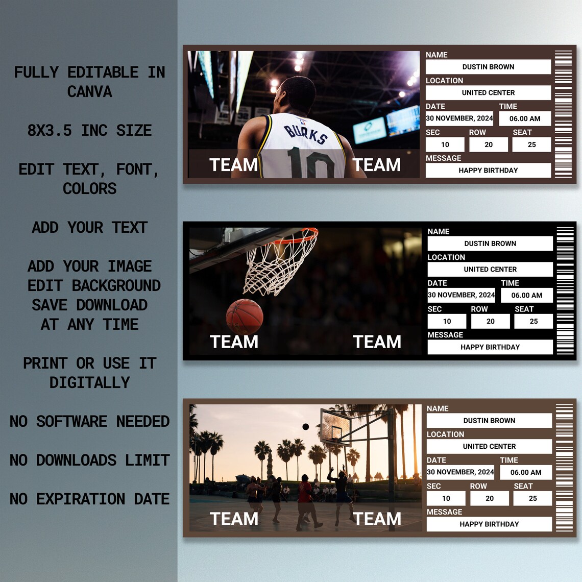 Custom Basketball Tickets | Printable Basketball Tickets Canva Template ...