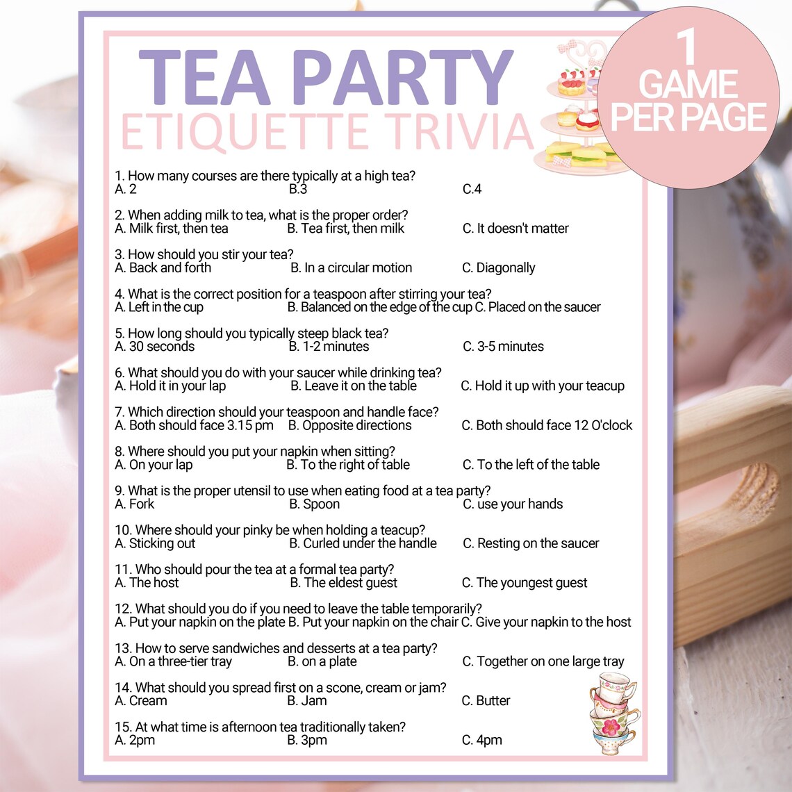 Tea Party Etiquette Trivia Game | Tea Party Etiquette Game | Tea Party ...