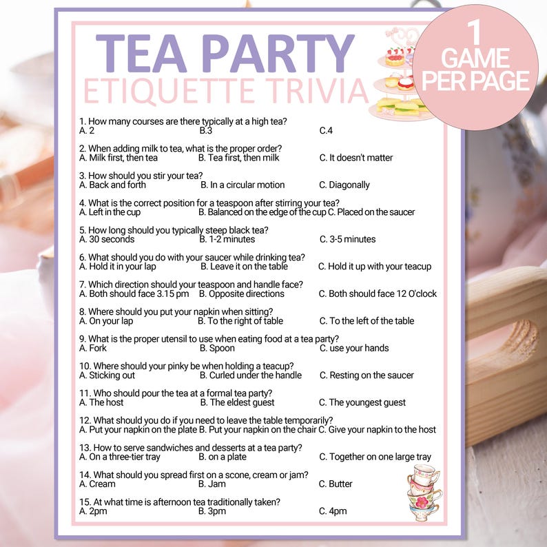 Tea Party Etiquette Trivia Game | Tea Party Etiquette Game | Tea Party ...