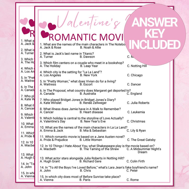 Valentine's Day Romantic Movie Trivia Game | Romantic Movie Quiz ...