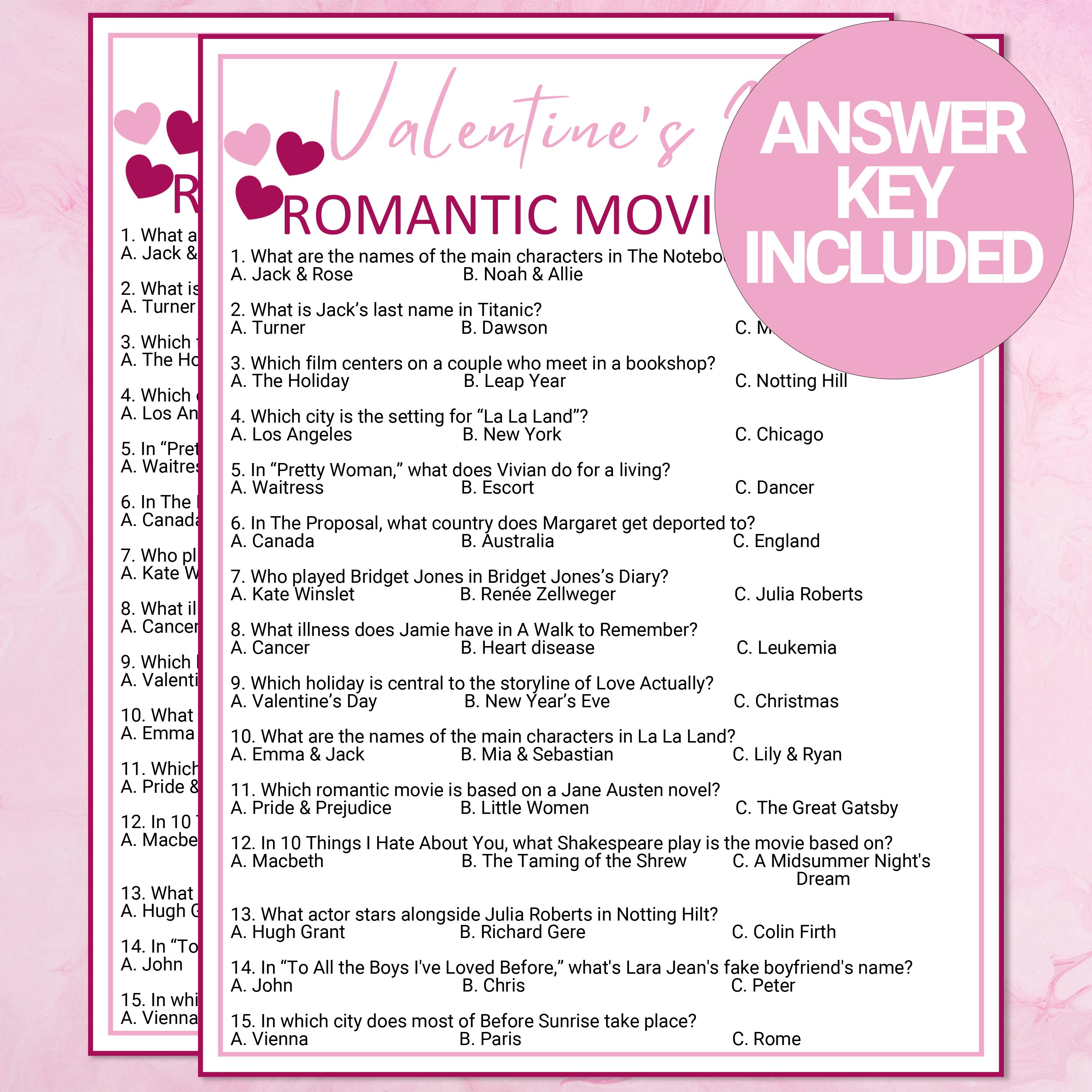 Valentine's Day Romantic Movie Trivia Game | Romantic Movie Quiz ...