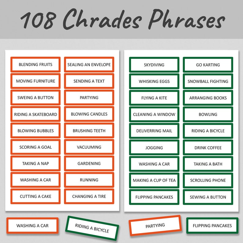 Printable Charades Game | Family Charades Game | Printable Charades for ...
