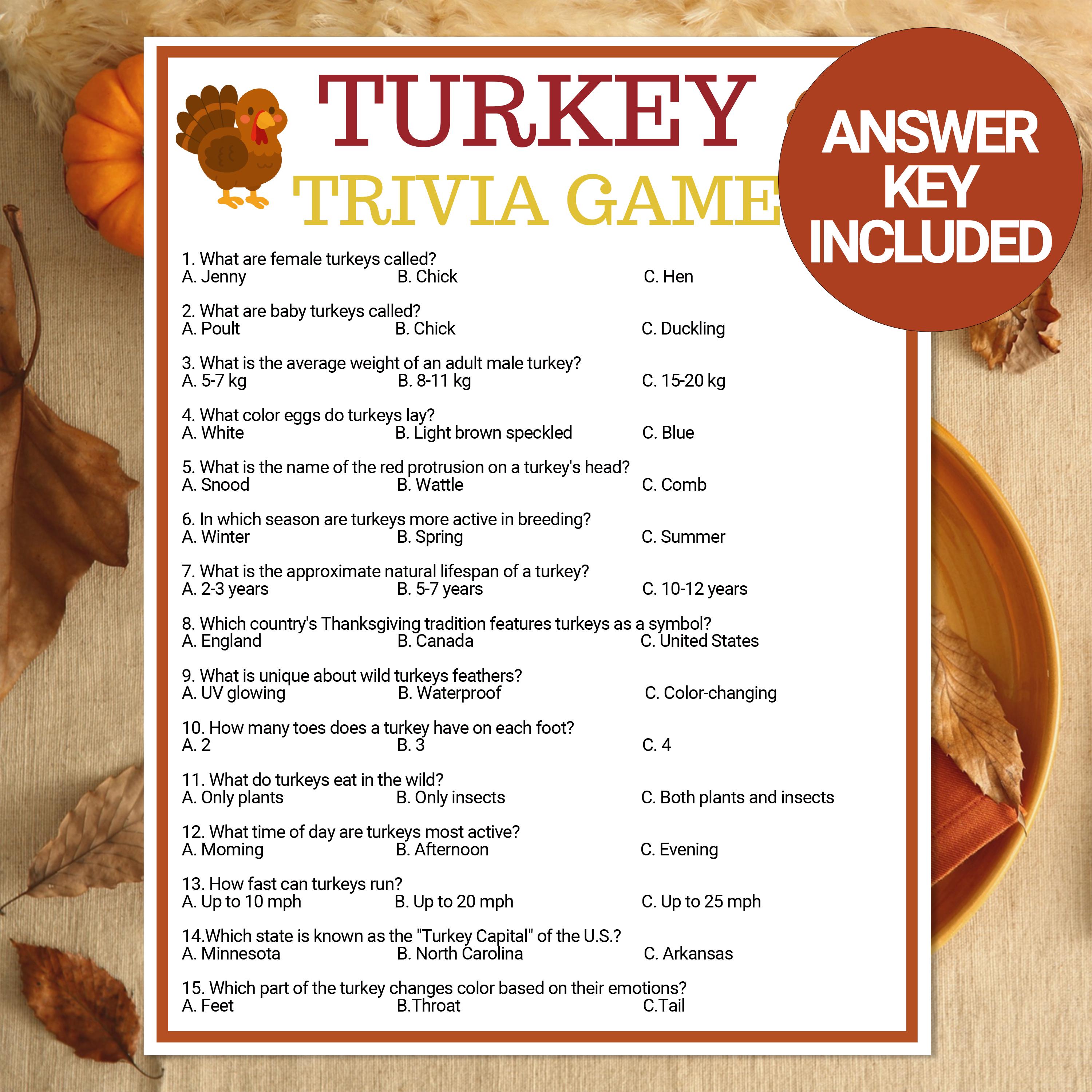 Turkey Trivia Game | Thanksgiving Party Game | Thanksgiving Trivia Quiz ...